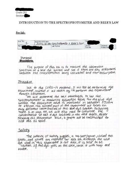 Exp 1 Experiment 1 Lab Report Nadia Valencia Chem 201 Section 6 INTRODUCTION TO THE Studocu