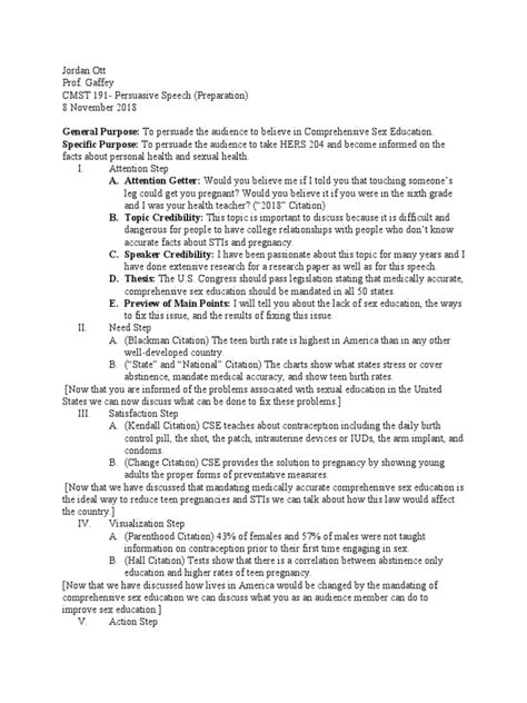 Persuasive Preparation Outline Pdf Sex Education Intimate Relationships