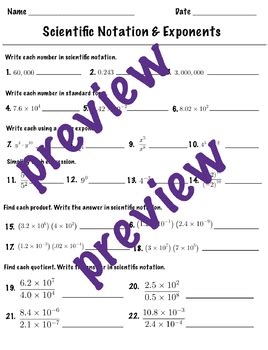 Scientific Notation Exponent Rules Worksheet Quiz Test TPT