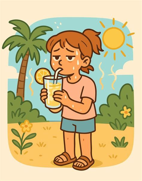 Hot Summer Day With Sweaty Girl Drinking Lemonade To Stay Cool On The