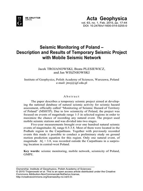 Seismic Monitoring Of Poland Description And Results Of Temporary Seismic Project With Mobile