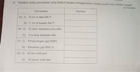 Solved 4 Wakilkan Setiap Pernyataan Yang Berikut Dengan Menggunakan Nombor Positif Atau Nombor