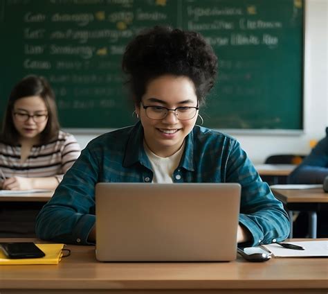 Student Using Laptop In Classroom Premium Ai Generated Image