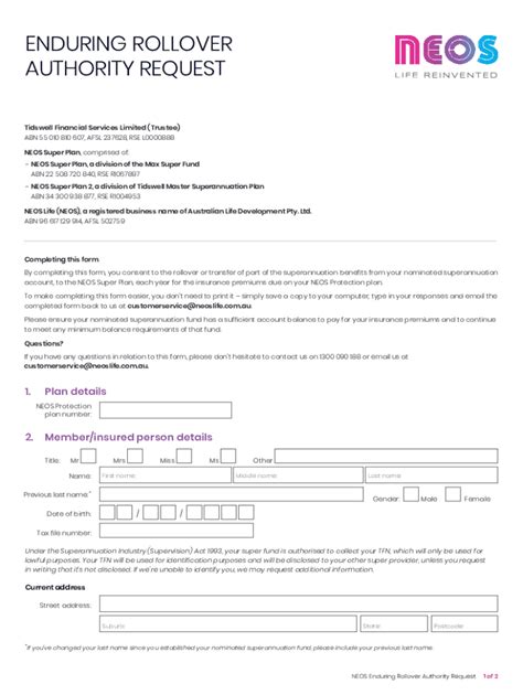 Fillable Online Enduring Rollover Authority Request Neos Life Fax
