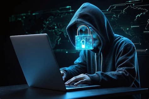 Hacker Using Laptop With Creative Glowing Digital Padlock Hologram On