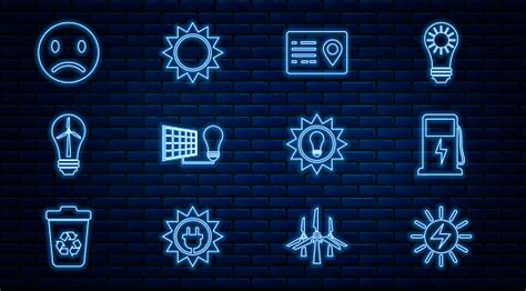 라인 태양 에너지 패널 전기 자동차 충전소 주소록 및 전구 풍력 터빈이 있는 조명 슬픈 미소 및 태양 아이콘을 설정합니다 벡터 교통수단에 대한 스톡 벡터 아트 및 기타