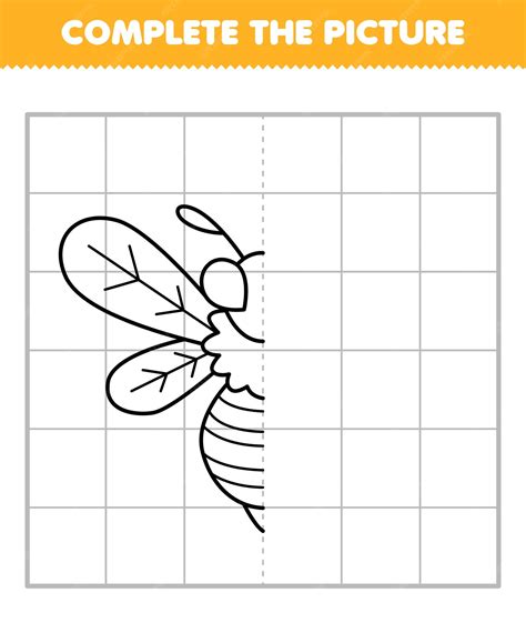 어린이를 위한 교육 게임은 인쇄 가능한 버그 워크시트를 그리기 위한 귀여운 만화 꿀벌의 절반 개요 그림을 완성합니다 프리미엄 벡터