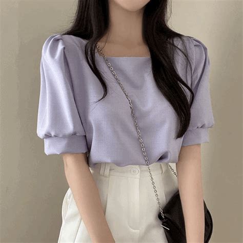 5컬러 데일리추천 스퀘어 무지 셔링 퍼프 반팔 블라우스 하객룩추천 에이블리