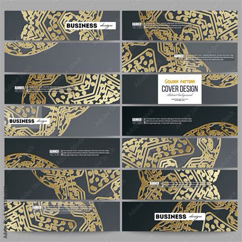 Set Of Modern Banners Golden Microchip Pattern On Dark Background With Connecting Dots And
