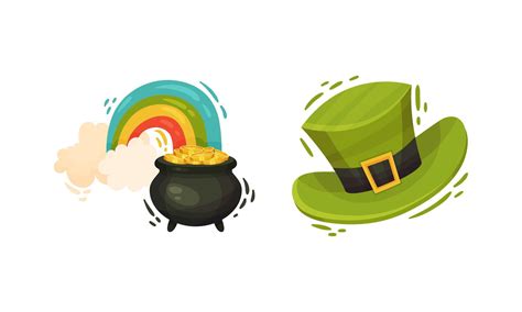 Happy Saint Patrick Day Set Creen Hat Rainbow And Cauldron Of Golden