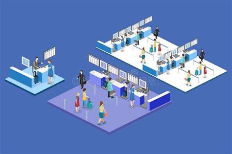 Isometric Flat 3d Interior Of Airport Check In Stock Illustration