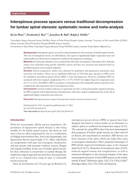 Pdf Interspinous Process Spacers Versus Traditional Decompression For