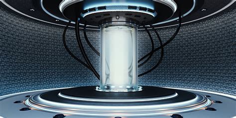 극저온 캡슐 최대 절전 모드 Cryonics 캡슐 최대 절전 모드용 냉동 액체가 있는 유리관 공상 과학 텔레포트 과학 기술 극저온 극저온 3d 일러스트레이션 실험실 장비