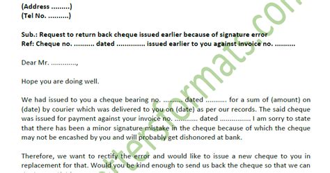 Write Letters Online Request Letter To Return Back Cheque Because Of Signature Error
