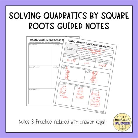 Solving Quadratic Equations By Square Roots Guided Notes For Algebra 2