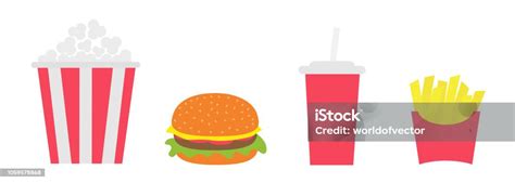 프랑스에는 종이 포장지 상자에 감자 감자 튀김 팝콘입니다 햄버거입니다 짚으로 소 다 음료 유리입니다 튀긴 감자 아이콘 세트입니다