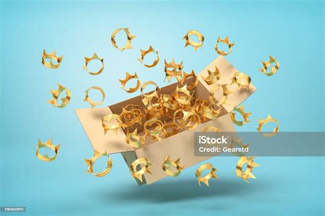 파란색 배경에 밖으로 날아 와 떠있는 황금 크라운의 전체 공기에 골판지 상자의 3d 렌더링 0명에 대한 스톡 사진 및 기타 이미지 Istock