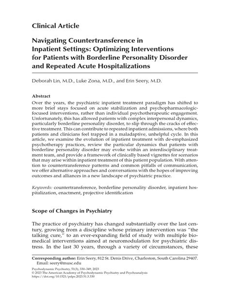 Lin Et Al 2023 Navigating Countertransference In Inpatient Settings Optimizing Interventions For