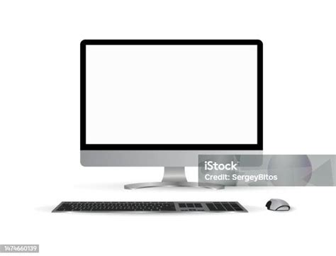 모니터 Pc 모형 트렌디 한 현실적인 얇은 프레임 모니터 또는 마우스와 키보드가있는 Pc 데스크탑 컴퓨터에 대한 스톡 벡터 아트