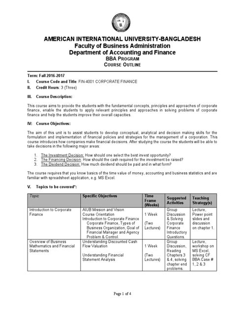 Class 1 Cf Bba Course Outline Pdf Cost Of Capital Capital Budgeting