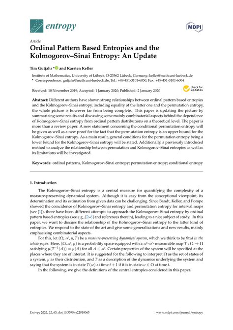 Pdf Ordinal Pattern Based Entropies And The Kolmogorov Sinai Entropy An Update