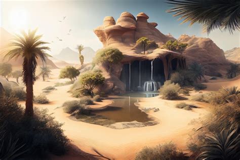 Premium Ai Image Desert Oasis With Waterfall And Lush Greenery