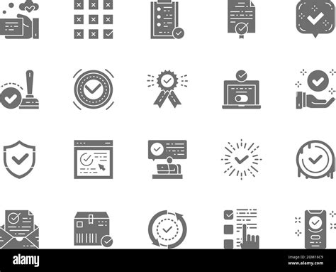Set Of Check Mark And Approve Grey Icons Certificate Quality Control And More Stock Vector