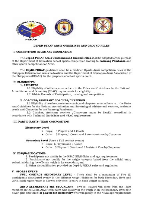 Arnis Palarong Pambansa Guidelines Deped Pekaf Arnis Guidelines And