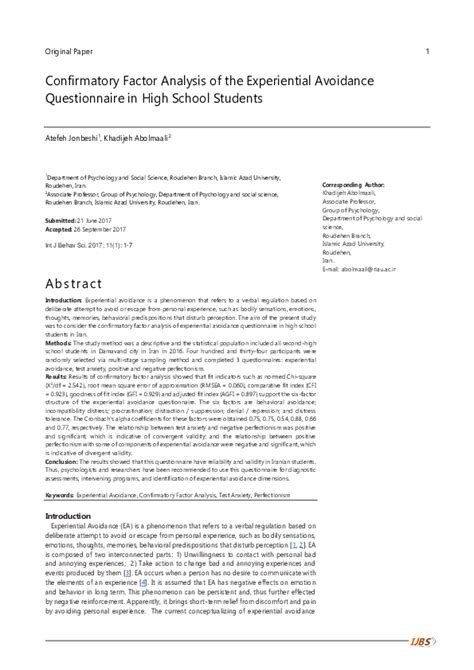 Pdf Confirmatory Factor Analysis Of The Experiential Avoidance Questionnaire In High School