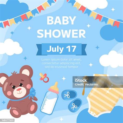 벡터 베이비 샤워 초대장 템플릿 포스터입니다 만화 유치한 장난감 곰 바디수트 어린이 부티 젖꼭지 파란색 배경에 병 정사각형 배경 전단지 행사 브로셔 곰에 대한 스톡 벡터