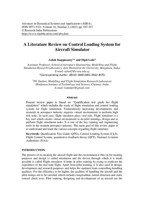 Pdf A Literature Review On Control Loading System For Aircraft Simulator