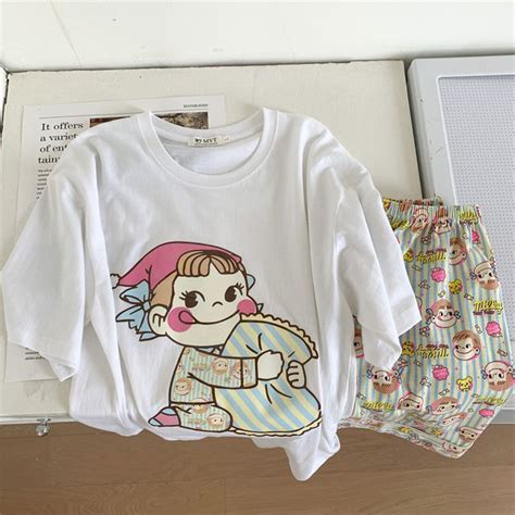 위컴피파자마 세트가격 러블리 반팔 페코 잠옷세트 파자마 홈웨어 팬츠 잠옷바지 수면바지 귀여운 반바지 파자마파티 선물 데일리 여름 사계절 반팔티 티셔츠 잠옷바지 위시버킷