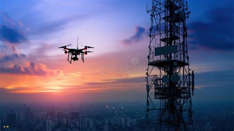 Uav Drone Flying Near 5g Cellular Antenna During Dramatic Sunset Communication Network