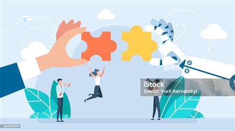 로봇과 사업가 퍼즐을 들고 있다 인간과 로봇은 퍼즐 조각을 들고 있다 기술의 발전과 혁신 Ai 개념과의 파트너십 플랫 스타일 플랫 일러스트레이션 인공지능에 대한 스톡 벡터