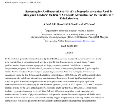 Pdf Screening For Antibacterial Activity Of Andrographis Paniculata Used In Malaysian