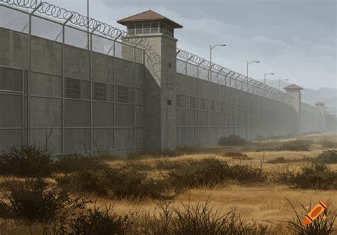 A Long Concrete Prison Wall Topped With Barbed Wire And Chain Link