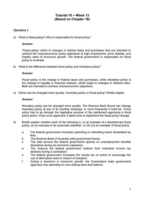econ100 tutorial 10 week 13 questions and answers tutorial 10 week