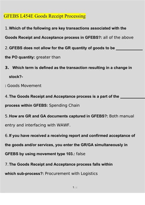 Gfebs L454e Goods Receipt Processing Exam Questions And Answers 2022 2023 Verified Answers