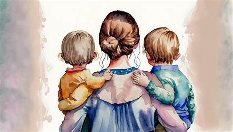 Ilustração De Aquarela Uma Mulher Com Dois Filhos Em Seus Braços Vista