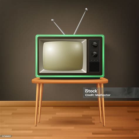 벡터 3d 현실적인 복고풍 Tv 수신기 나무 바닥에 홈 인테리어 디자인 개념입니다 빈티지 Tv 세트 텔레비전 전면 모습 1970 1979 년에 대한 스톡 벡터 아트 및 기타