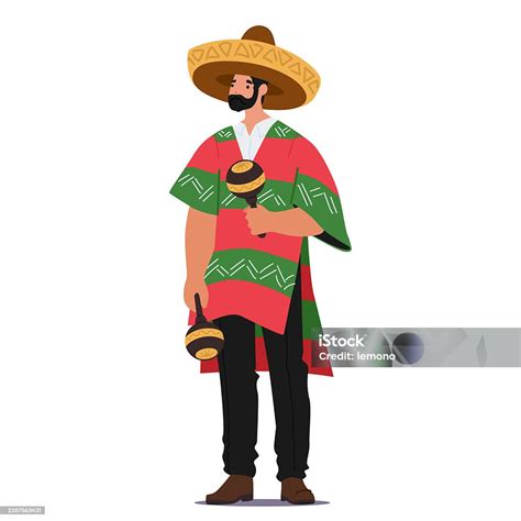 젊은 수염 멕시코 남자 만화 캐릭터 민족 옷을 입고 마라카스를 연주 흰색 고립 사람들에 대한 스톡 벡터 아트 및 기타 이미지 사람들 솜브레로 판쵸 Istock