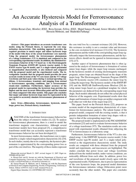afshin rezaei zare 2008 an accurate hysteresis model for ferroresonance
