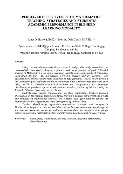 Pdf Perceived Effectiveness Of Mathematics Teaching Strategies And