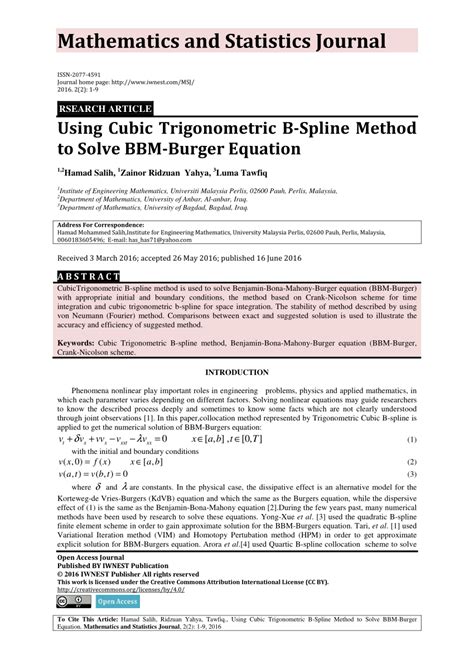 Pdf Using Cubic Trigonometric B Spline Method To Solve Bbm Burger Equation