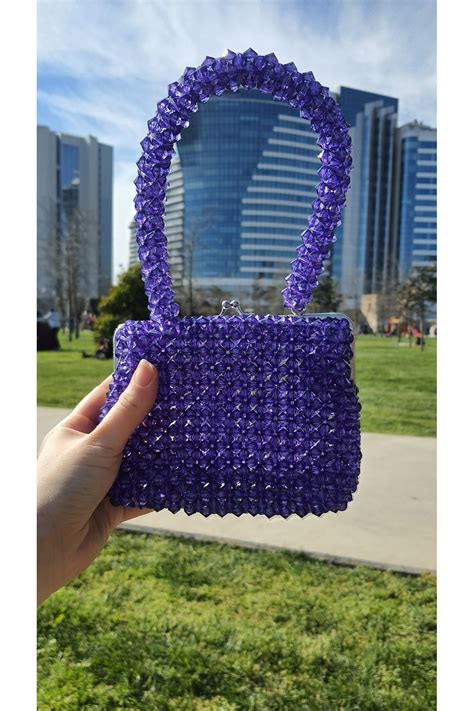 Adastyle Boncuk Işlemli Mor Reng El çantası özel Tasarım El Işlemli