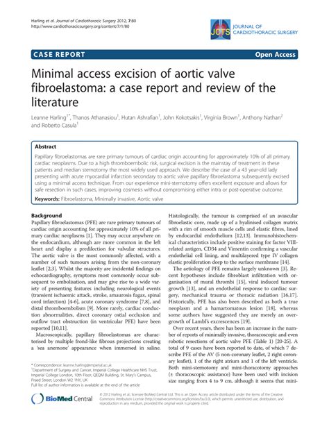 Pdf Minimal Access Excision Of Aortic Valve Fibroelastoma A Case Report And Review Of The
