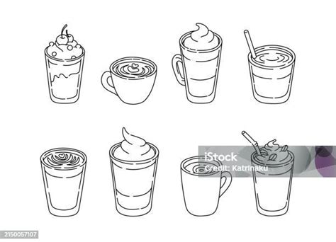 미니멀리즘 라인 아트 일러스트 세트 커피 컵과 음료는 흰색 배경에 고립되어 있습니다 벡터 일러스트 레이 션 커피 마실 것에 대한