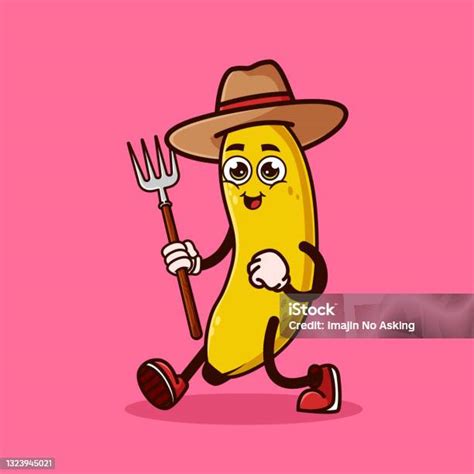피치 포크 귀여운 바나나 과일 농부 캐릭터 과일 문자 아이콘 개념 격리 플랫 만화 스타일 프리미엄 벡터 과일에 대한 스톡 벡터