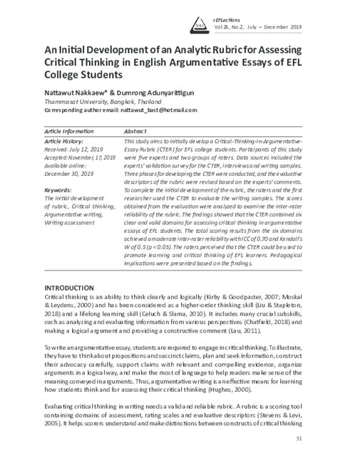 Pdf An Initial Development Of An Analytic Rubric For Assessing Critical Thinking In English