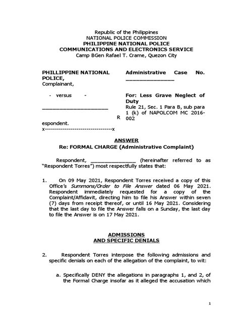 Answer In Administrative Case Pnp Pdf Complaint Affidavit